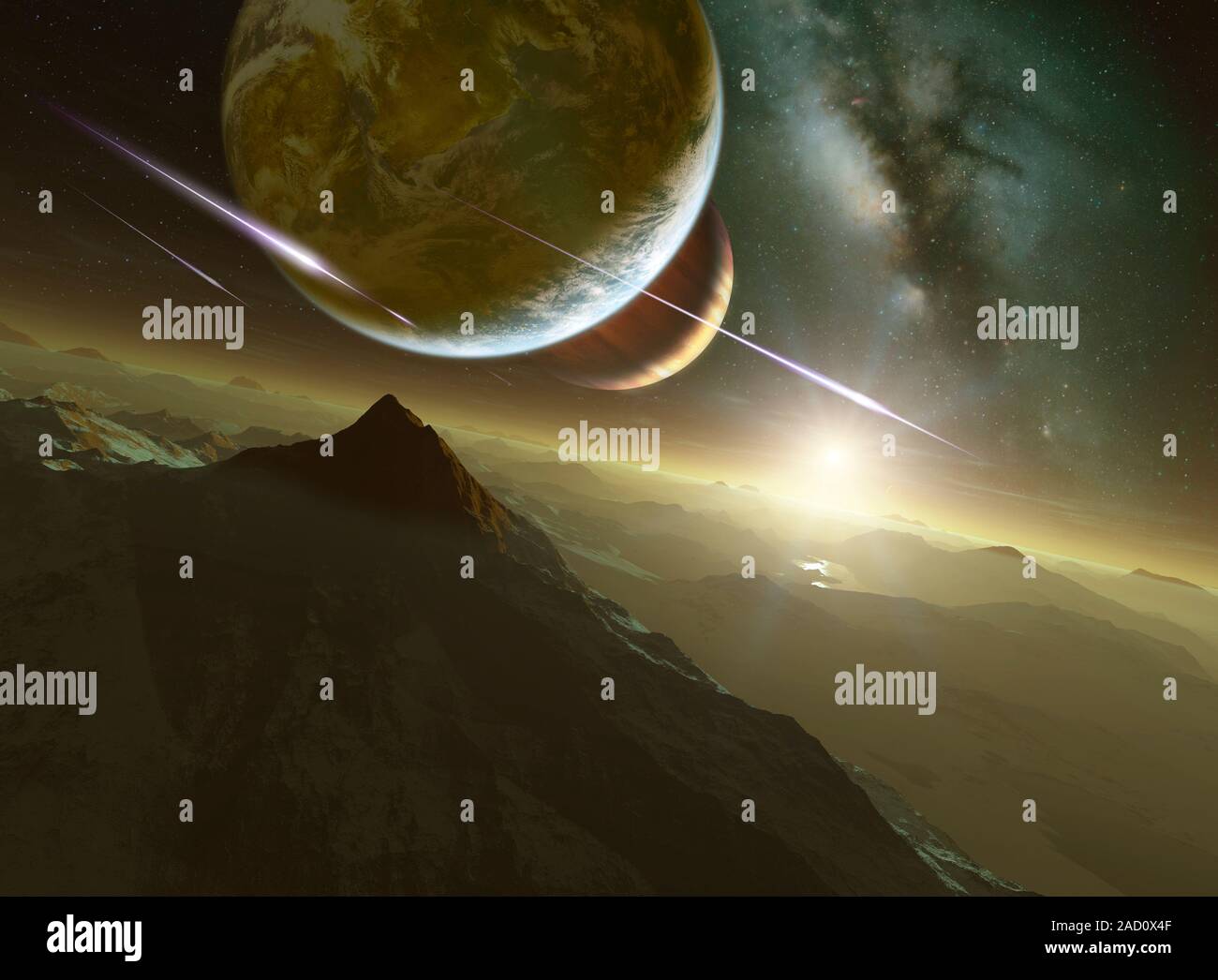 Alien planetary system. Computer illustration of meteorites entering ...