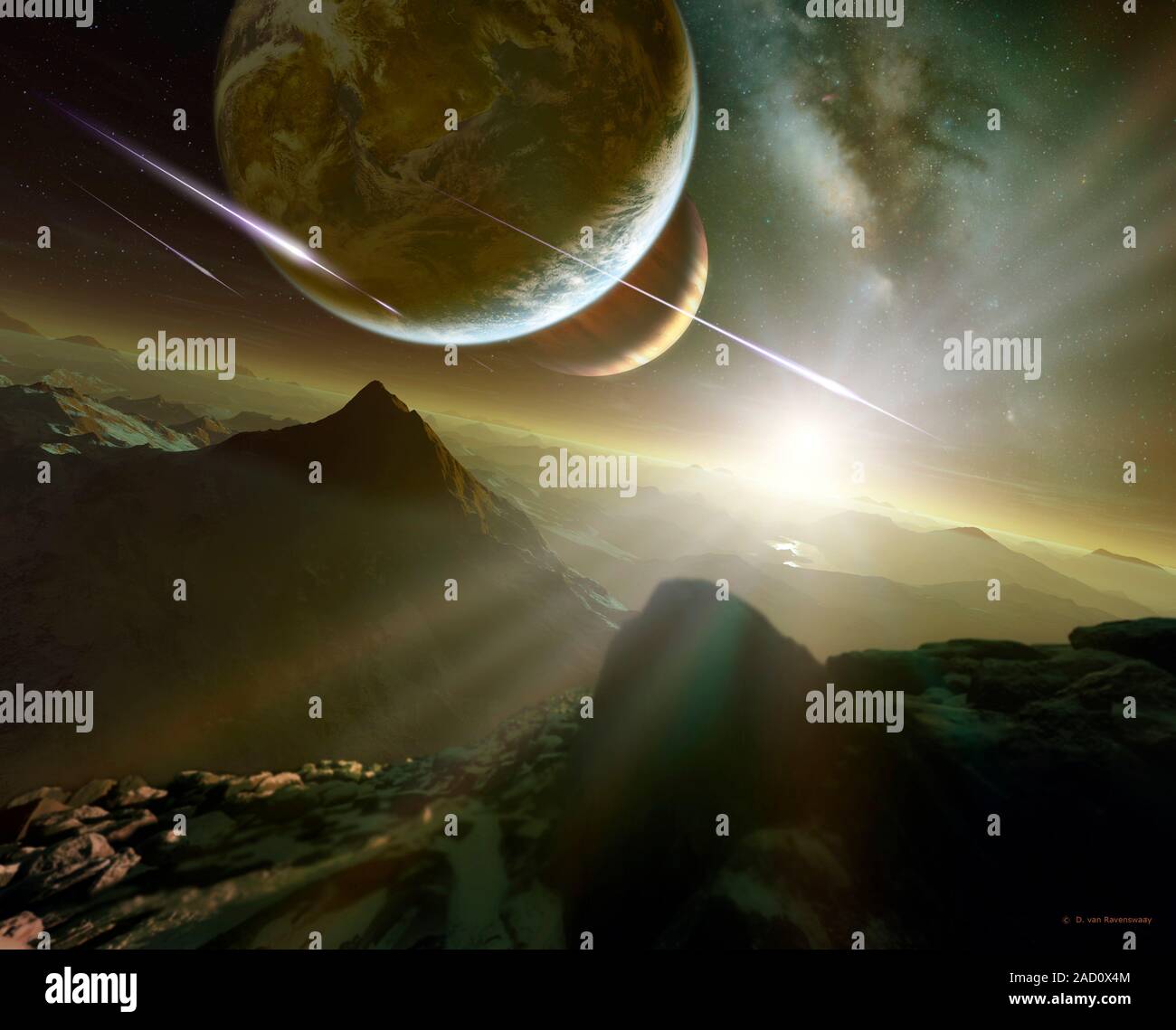 Alien planetary system. Computer illustration of meteorites entering ...