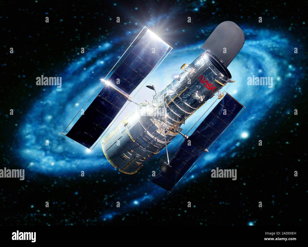 Hubble Space Telescope. Computer illustration of the Hubble Space Telescope (HST) with a spiral ...