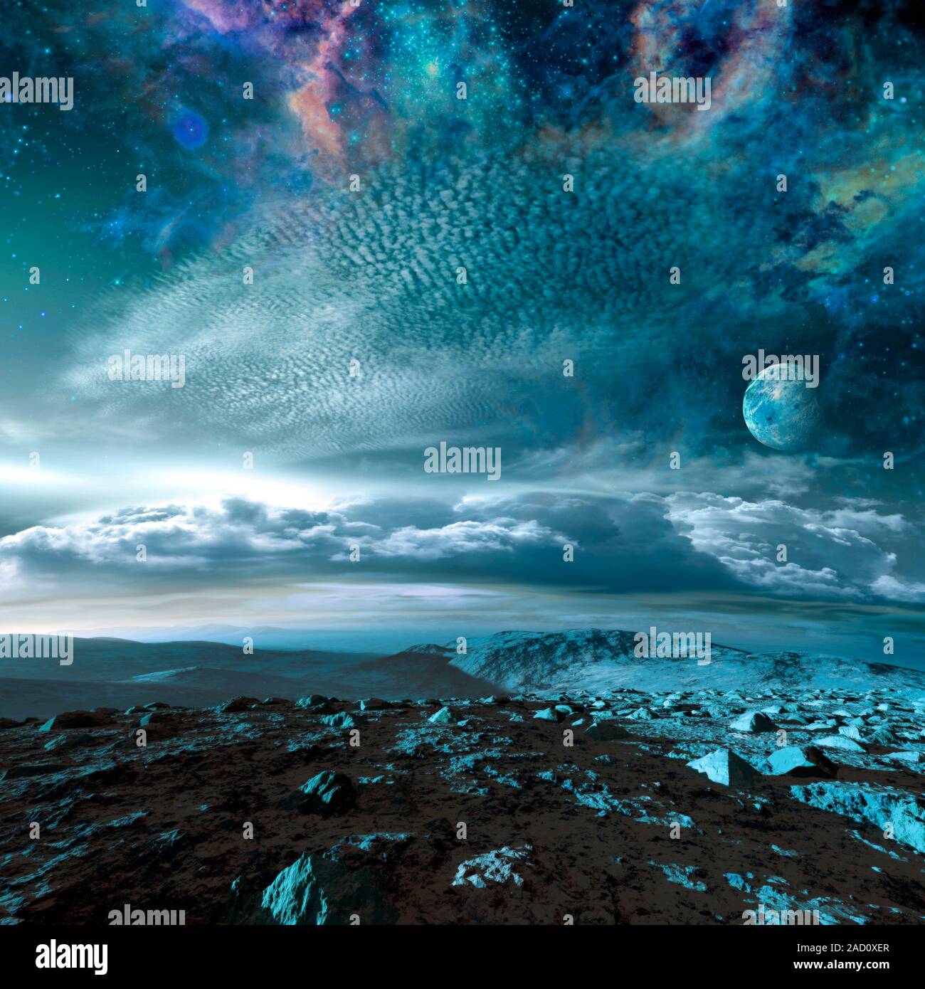 Alien planetary system. Computer illustration of a view across the ...