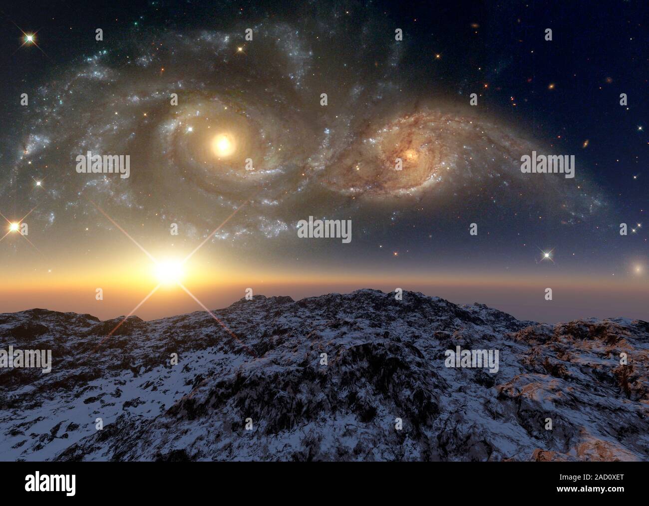 Colliding galaxies. Computer illustration of a view across the surface ...