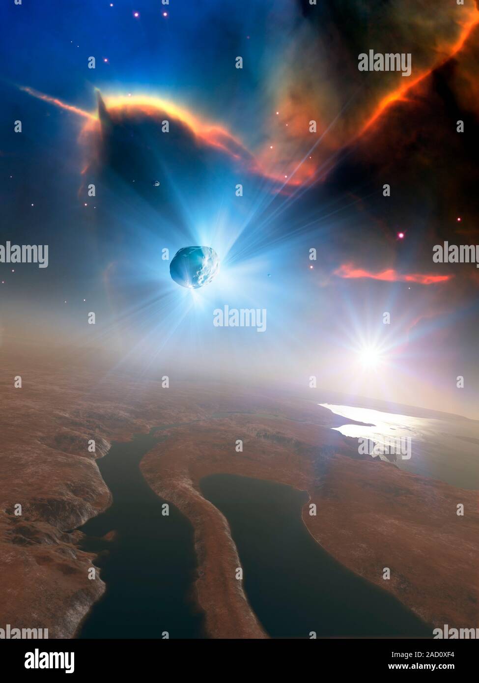 Active comet. Computer illustration of a view across the surface of an ...