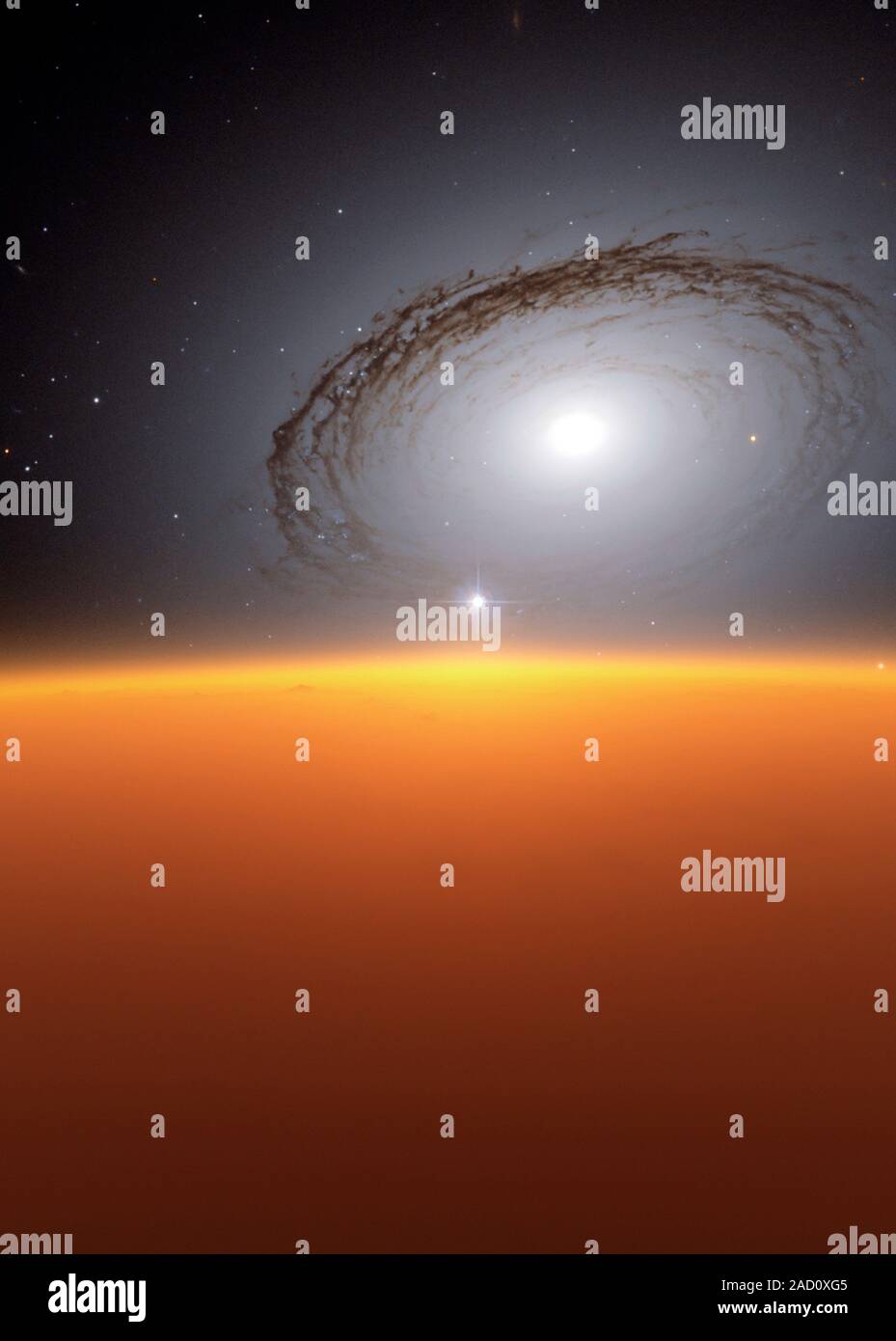 Alien planet and galaxy. Computer illustration of a view across the ...