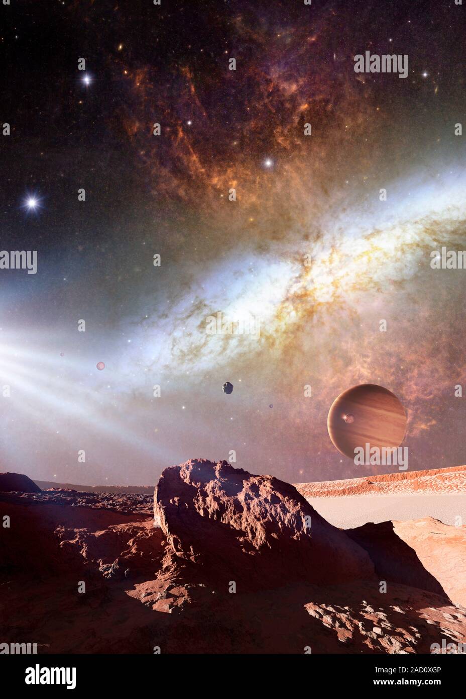Alien planetary system. Computer illustration of a view across the ...