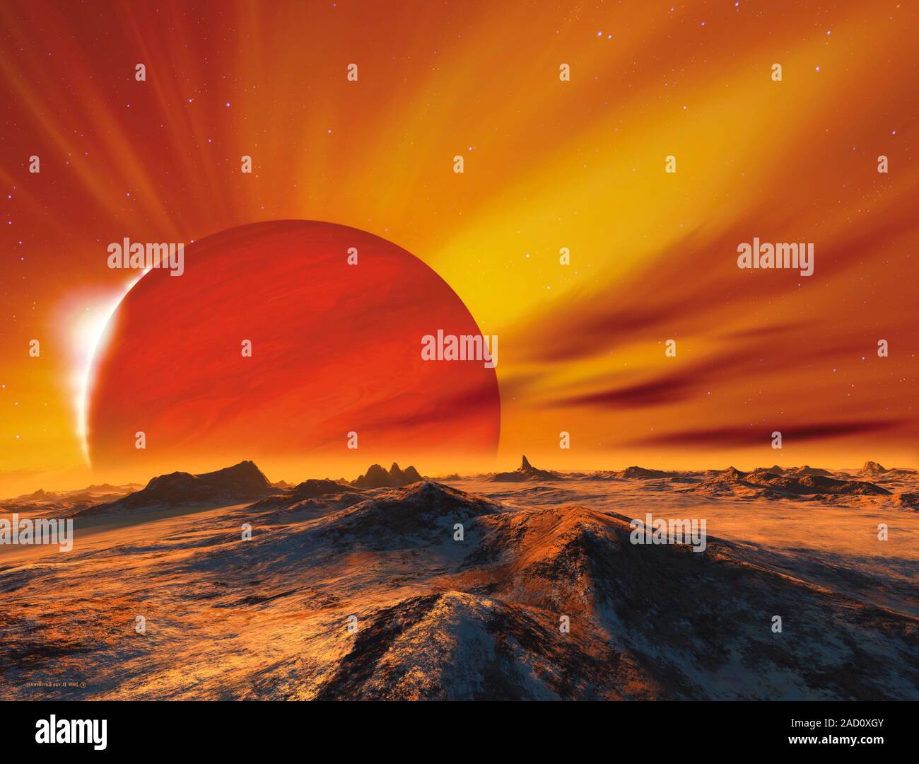 Alien planetary system. Computer illustration of a view across the ...