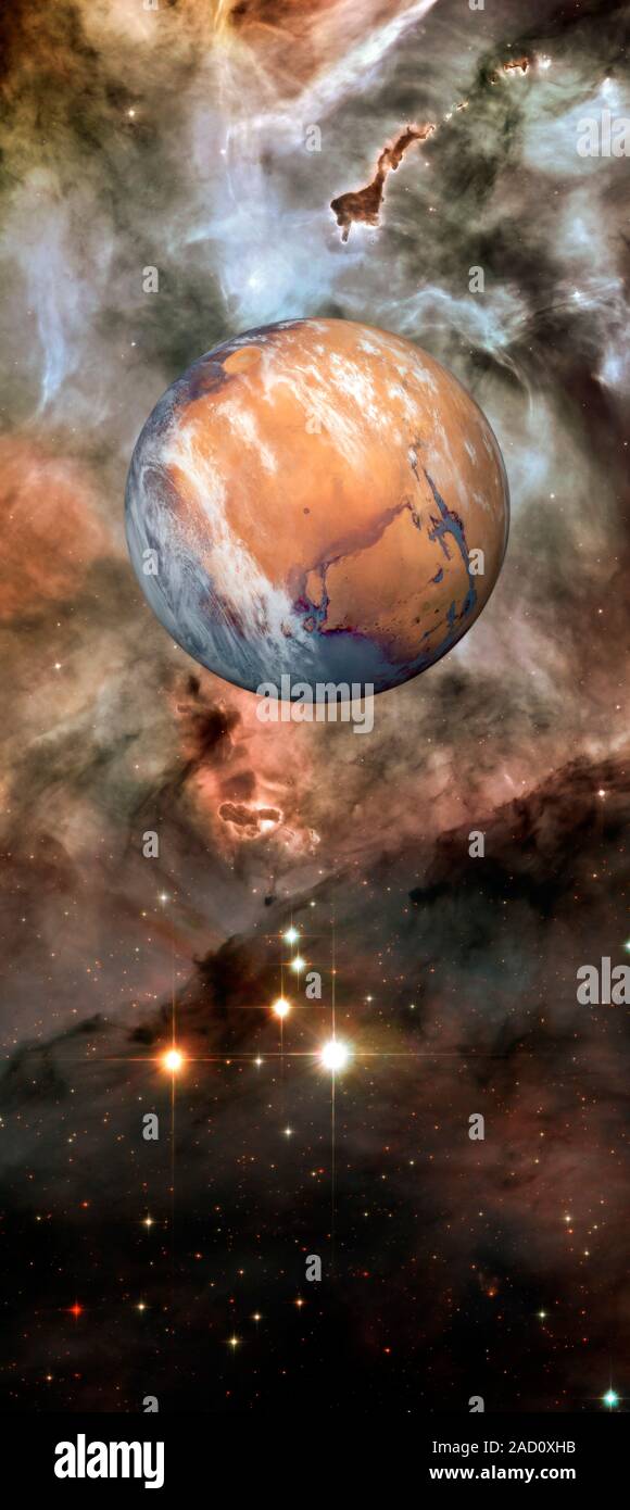 Alien planet and Carina Nebula. Computer illustration of the extrasolar ...
