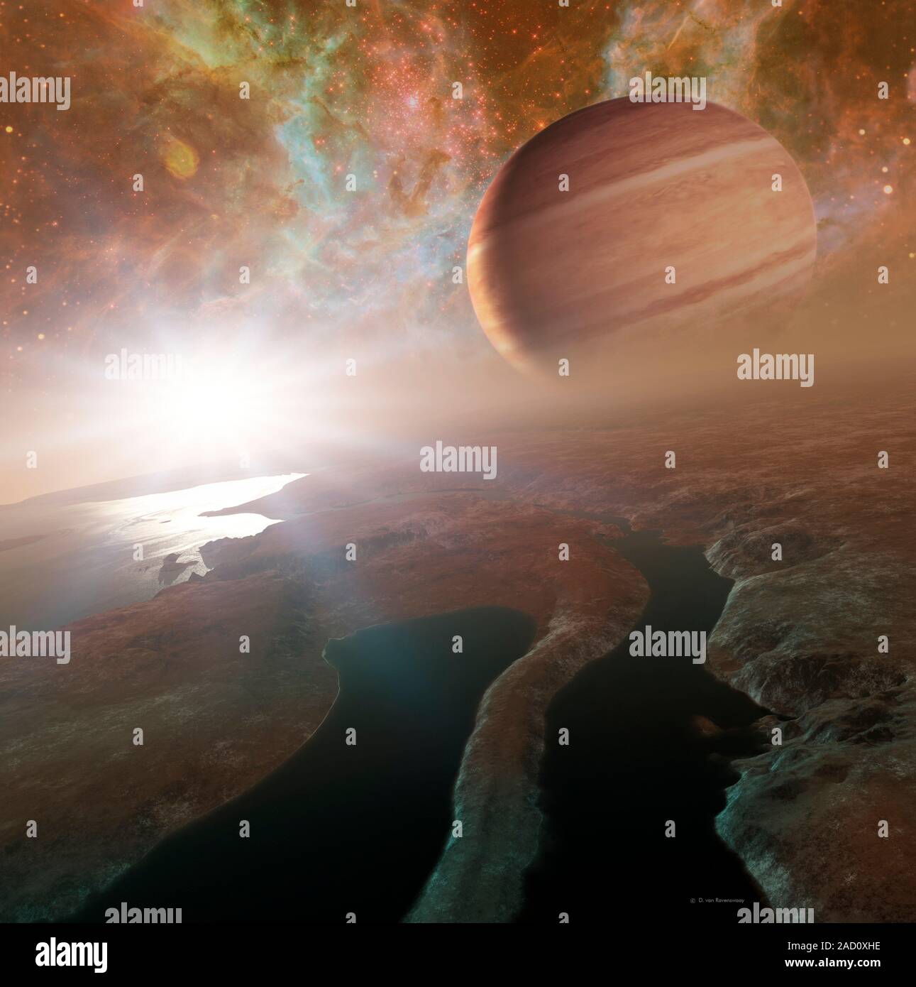 Alien planetary system. Computer illustration of a view across the ...