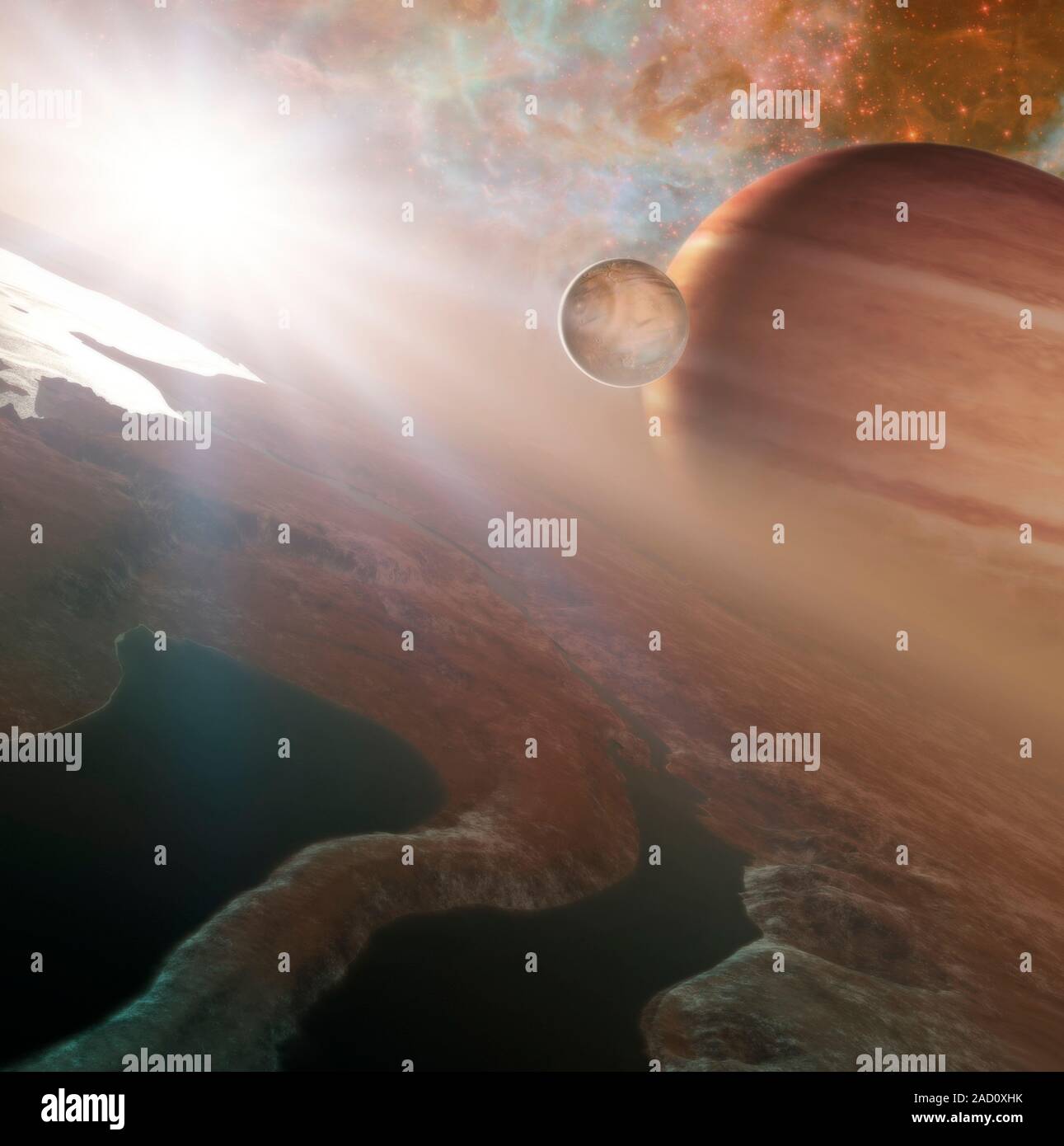 Alien planetary system. Computer illustration of a view across the ...