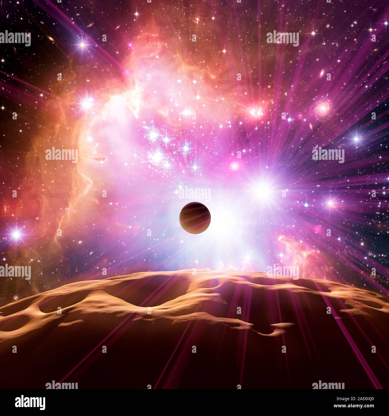 Alien planet and star cluster. Composite image combining a computer ...