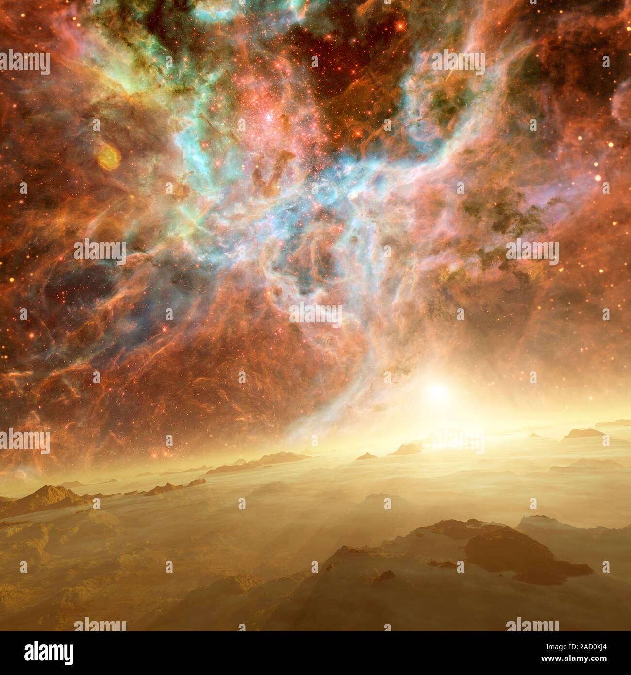 Planet forming in a nebula. Computer illustration of a view across the ...