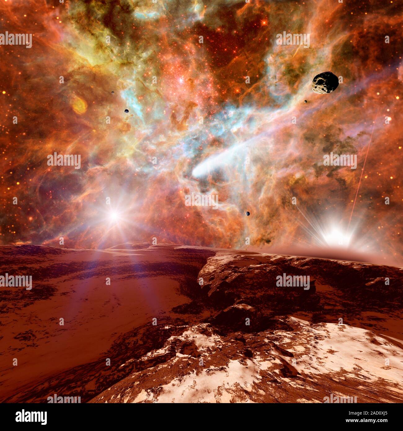 Planet forming in a nebula. Computer illustration of a view across the ...