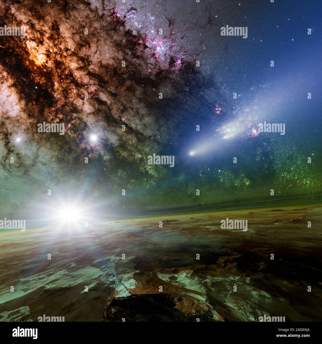 Alien planet and comet. Computer illustration of a view across the ...