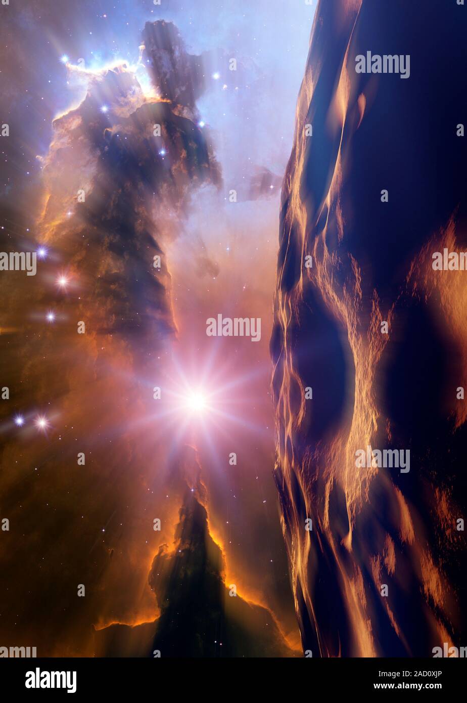 Asteroid and Eagle Nebula. Computer illustration of a view across the ...