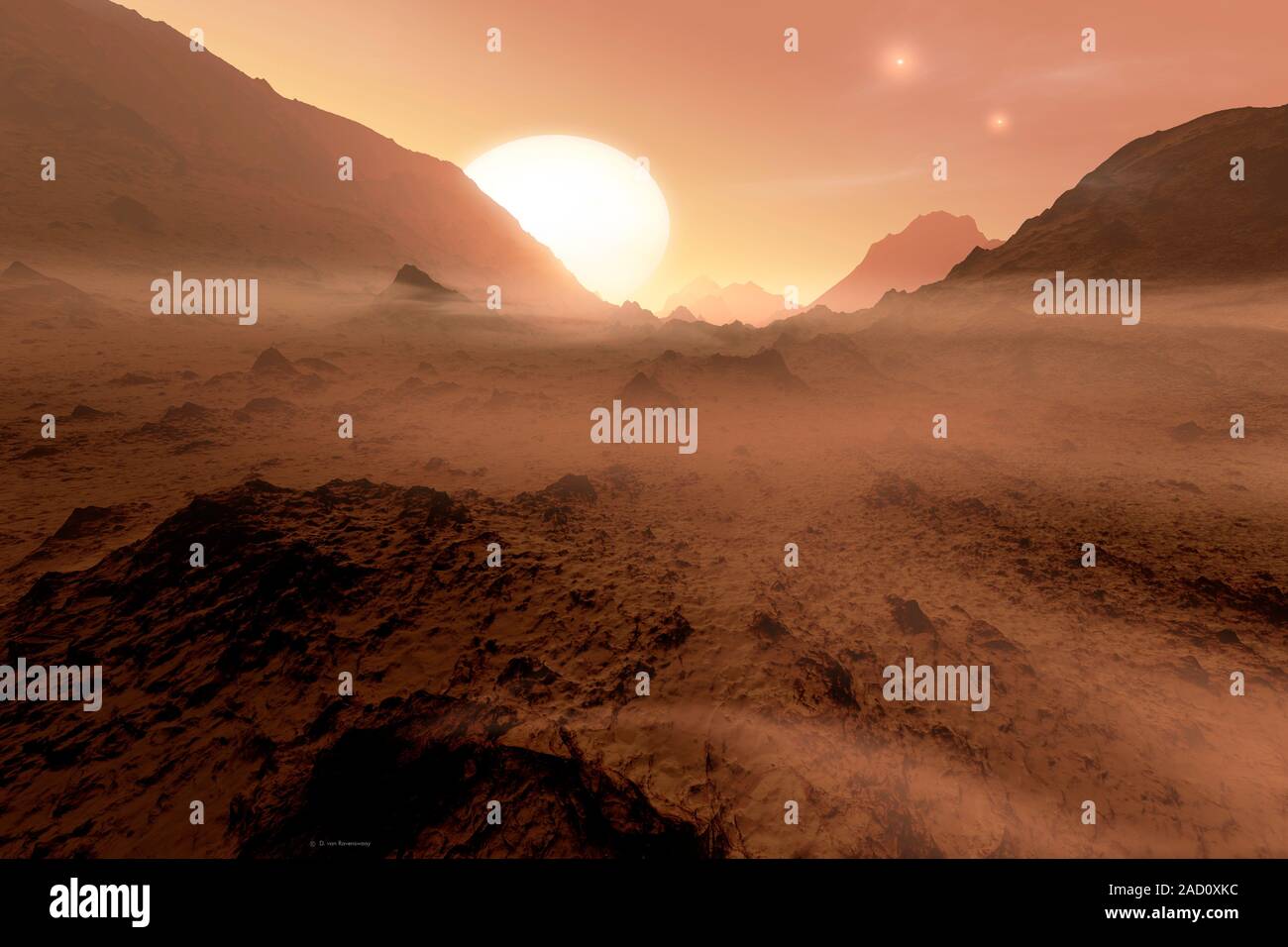 Alien planet. Computer illustration of a view across the rocky surface ...