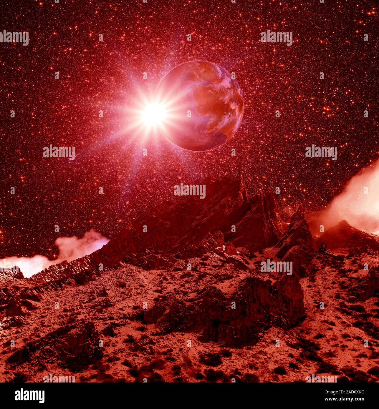 Earth-like planet and Omega Centauri. Computer illustration of a view ...