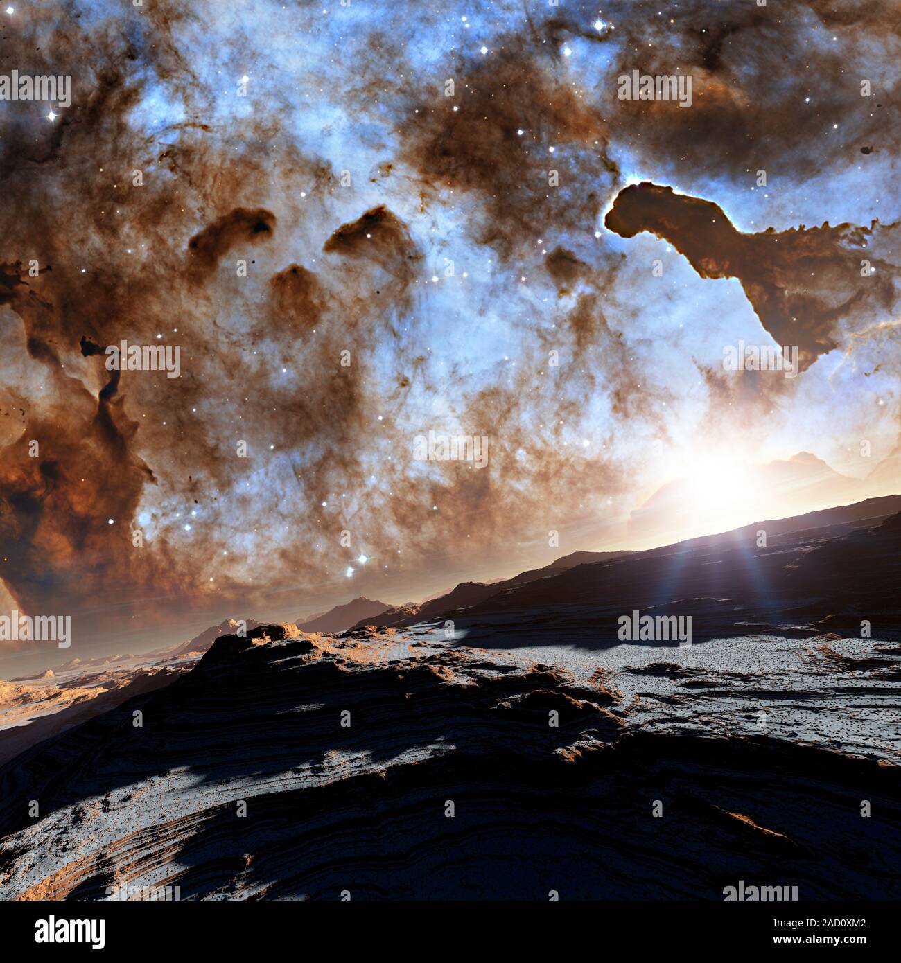 Alien planet and nebula. Computer illustration of a view across the ...