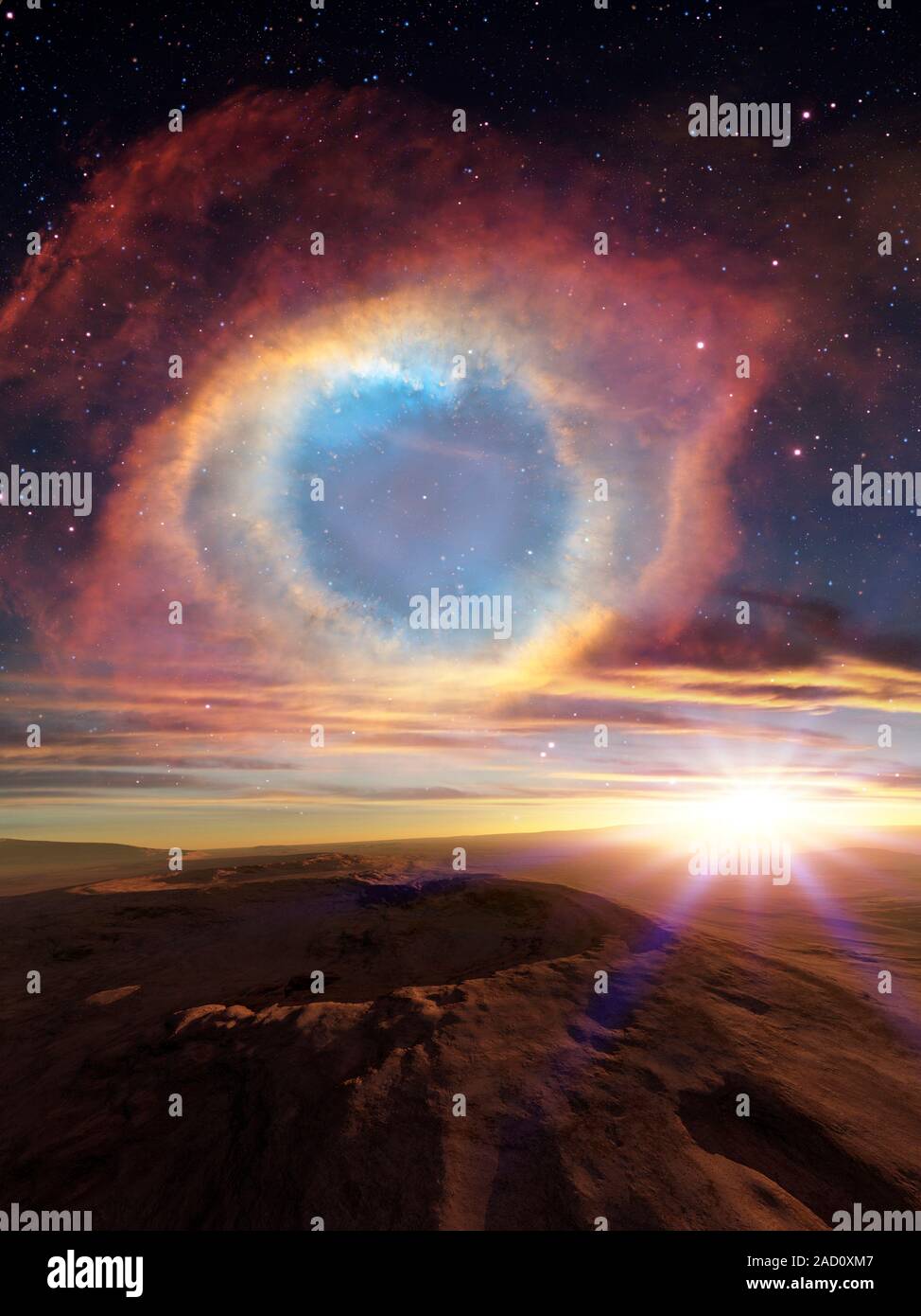 Alien planet and exploding star. Computer illustration of a view across ...