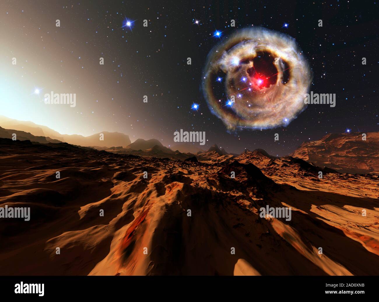 Alien planet and supernova. Computer illustration of a view across the ...
