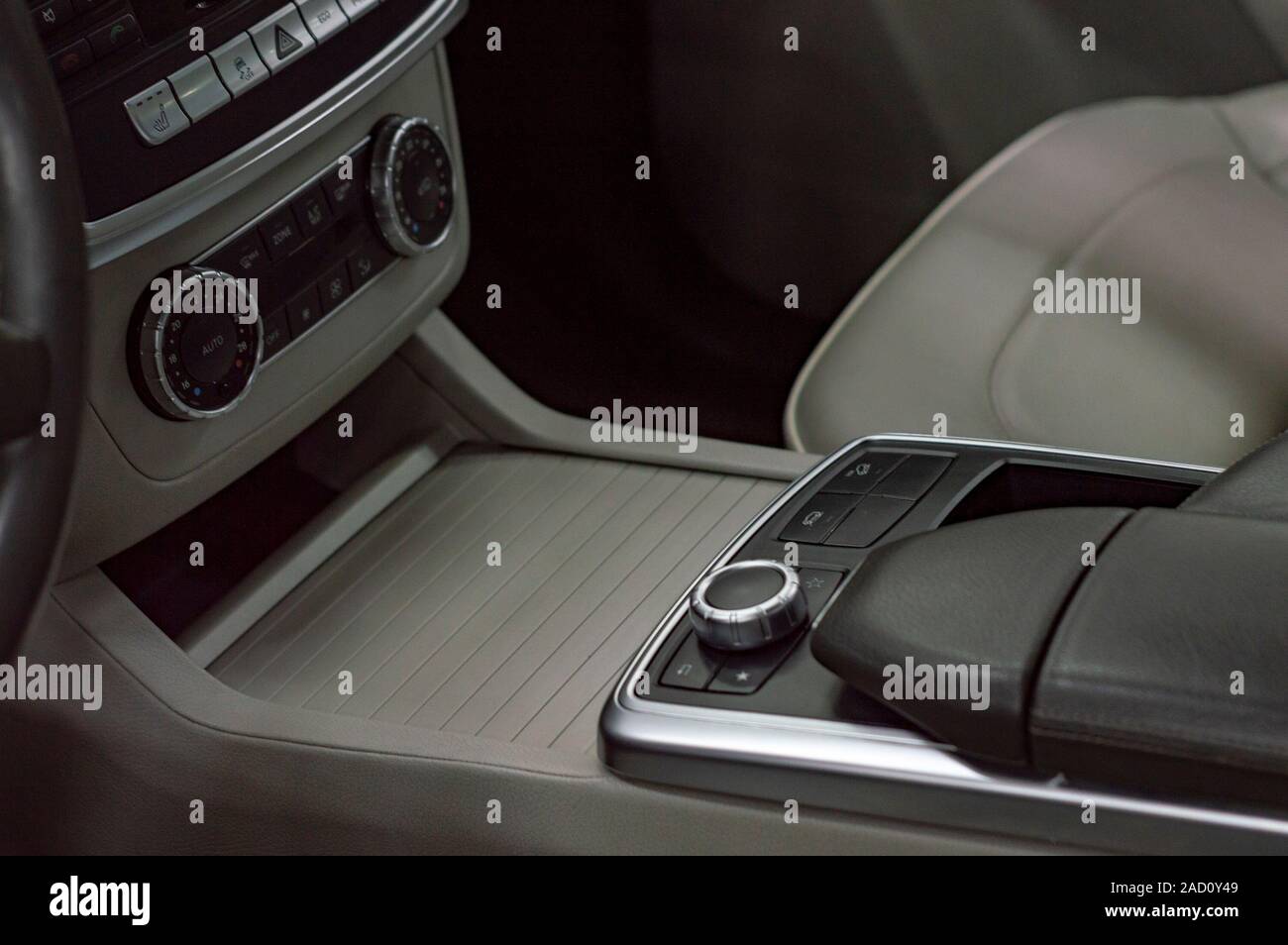 Interior of car. Panel with gear lever for transmitting box, dashboard ...