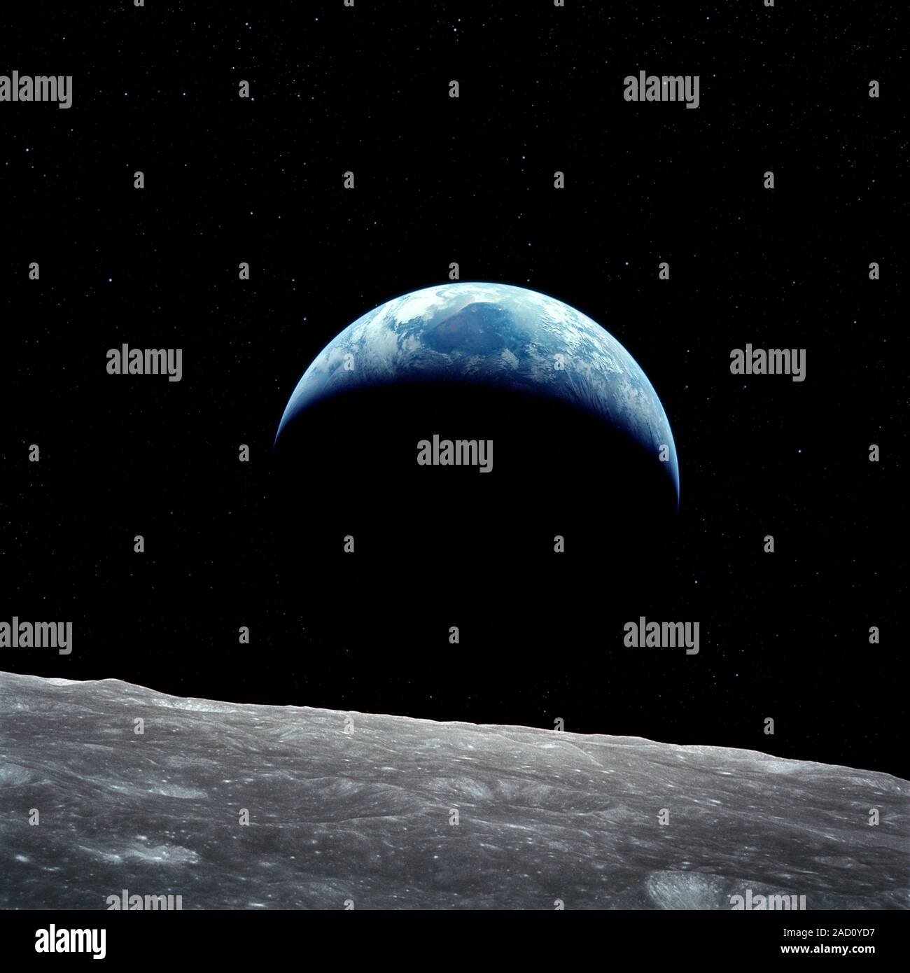Earthrise over the Moon. Computer illustration of a view across the ...