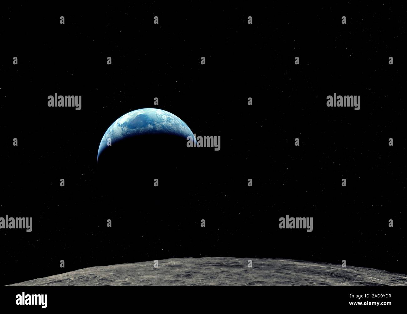 Earthrise over the Moon. Computer illustration of a view across the ...