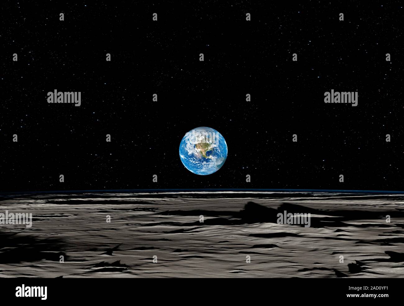 Earthrise over the Moon. Computer illustration of a view across the ...