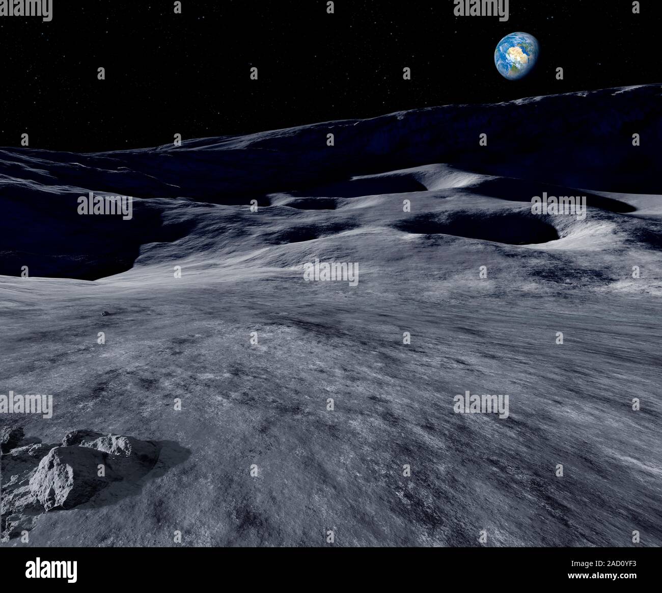 Earthrise over the Moon. Computer illustration of a view across the ...
