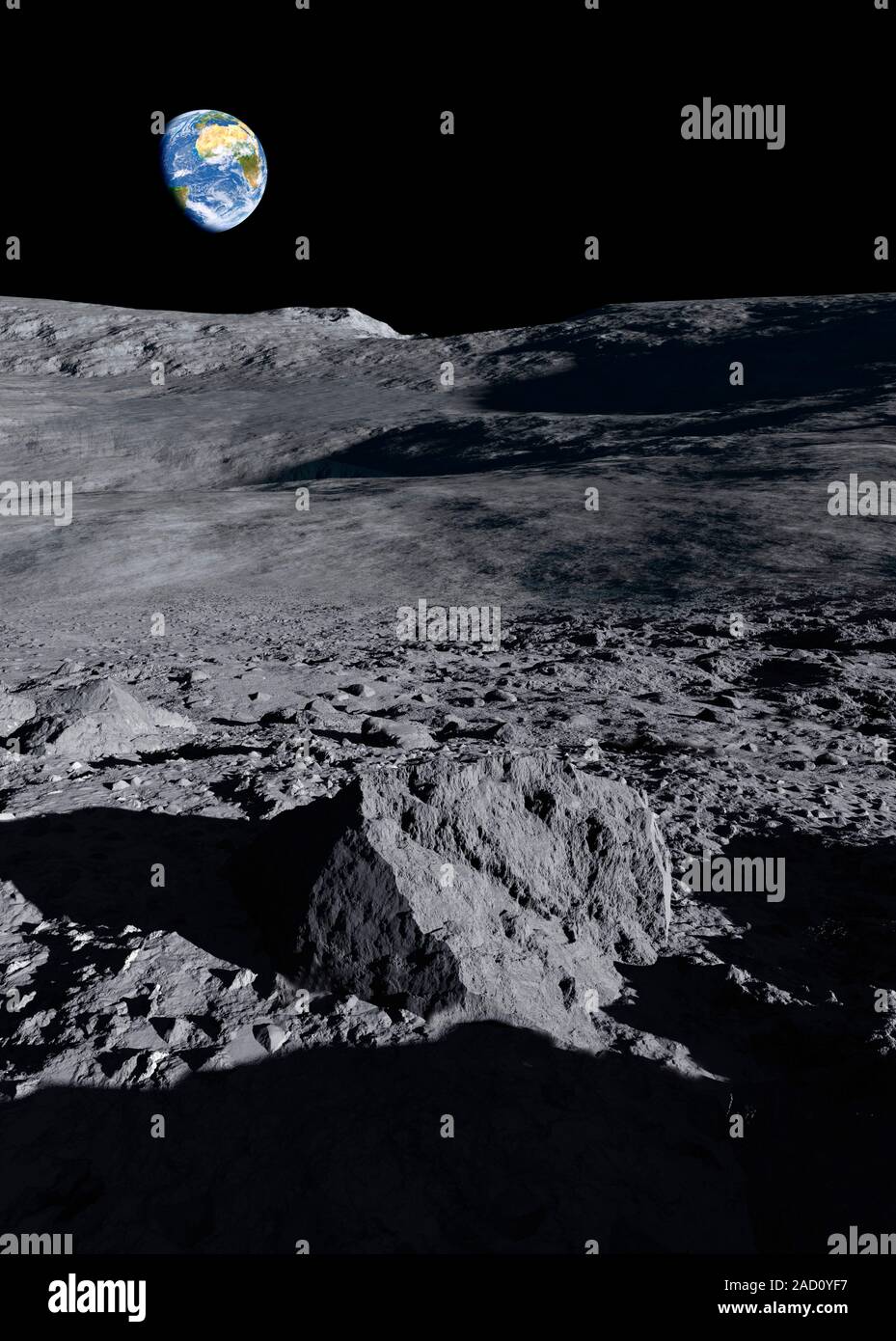 Earthrise over the Moon. Computer illustration of a view across the ...