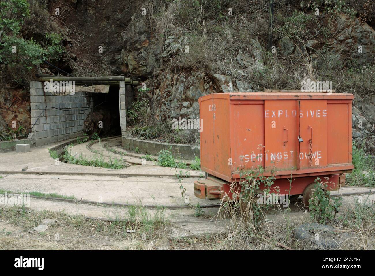 Abandoned gold mine. Old explosives container at the entrance to an ...