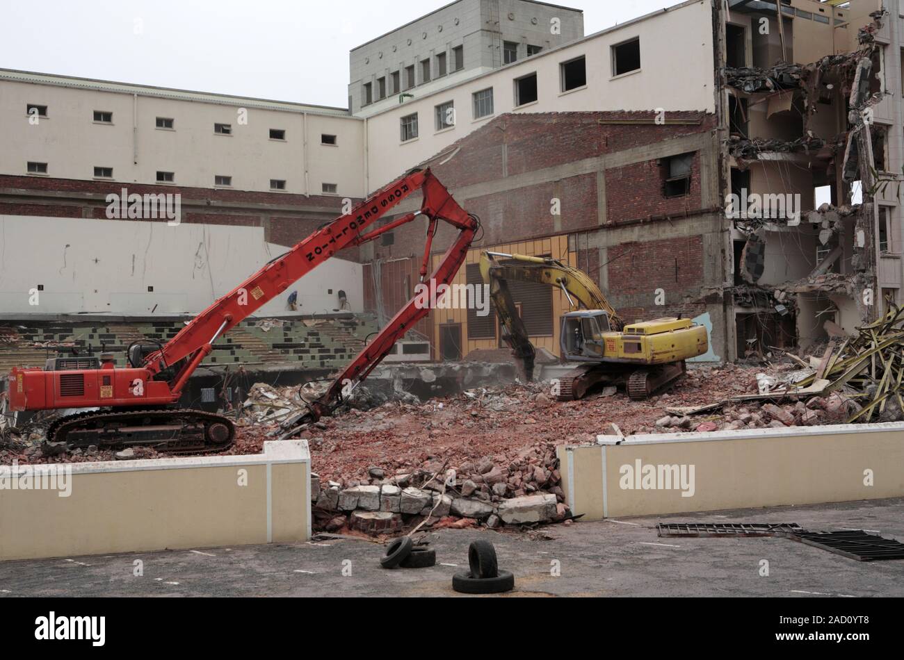 Building demolition. Building being demolished. Photographed in Cape ...