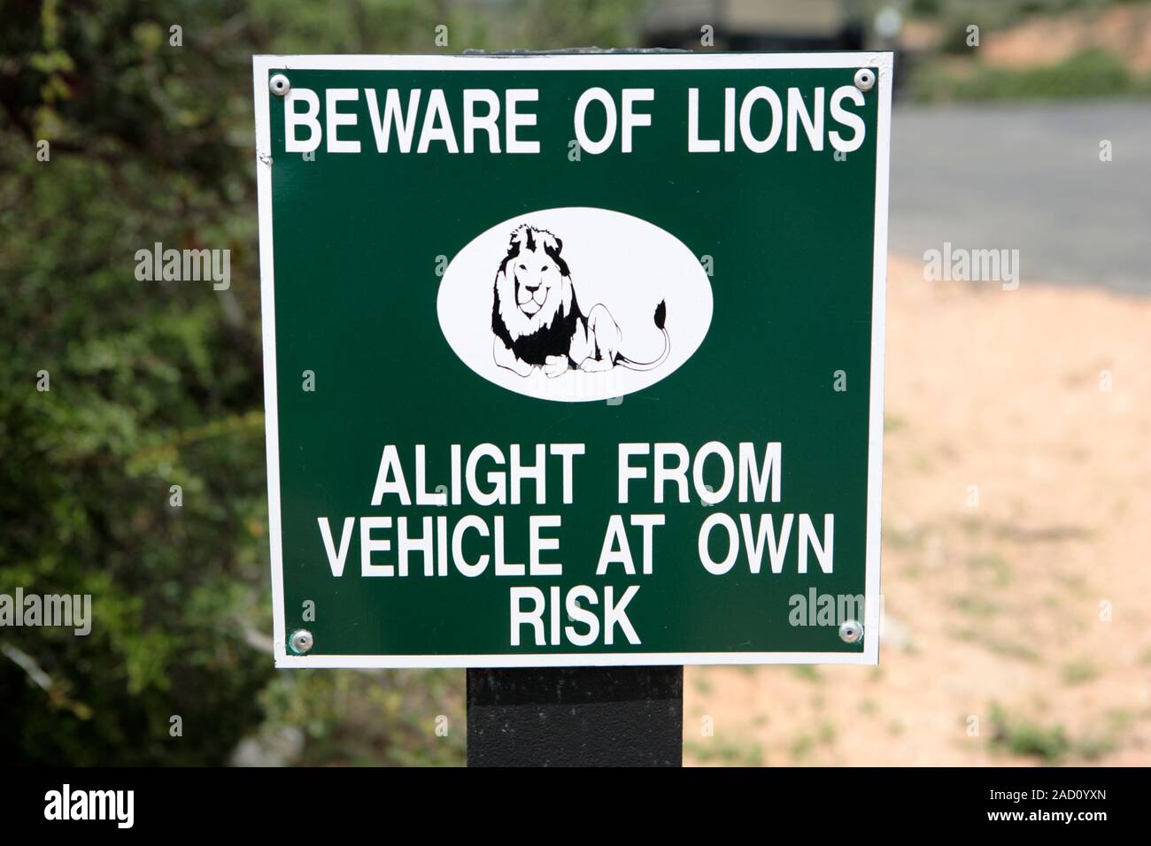 Lion warning sign. Photographed in Addo Elephant National Park, Eastern ...