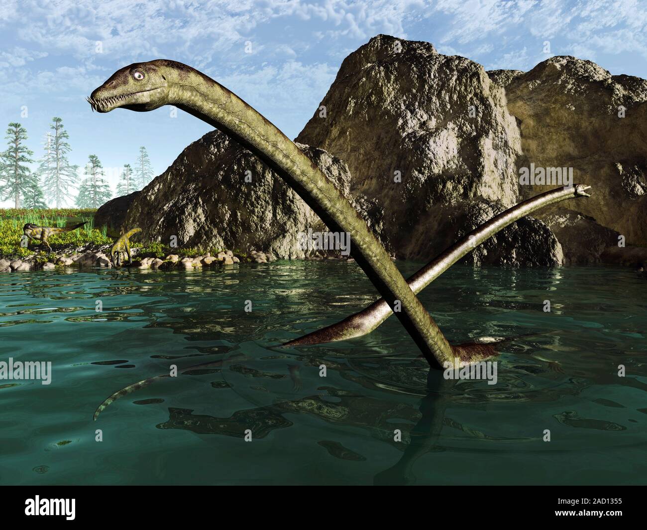 Tanystropheus reptiles. Illustration of a pair of long-necked six-metre ...