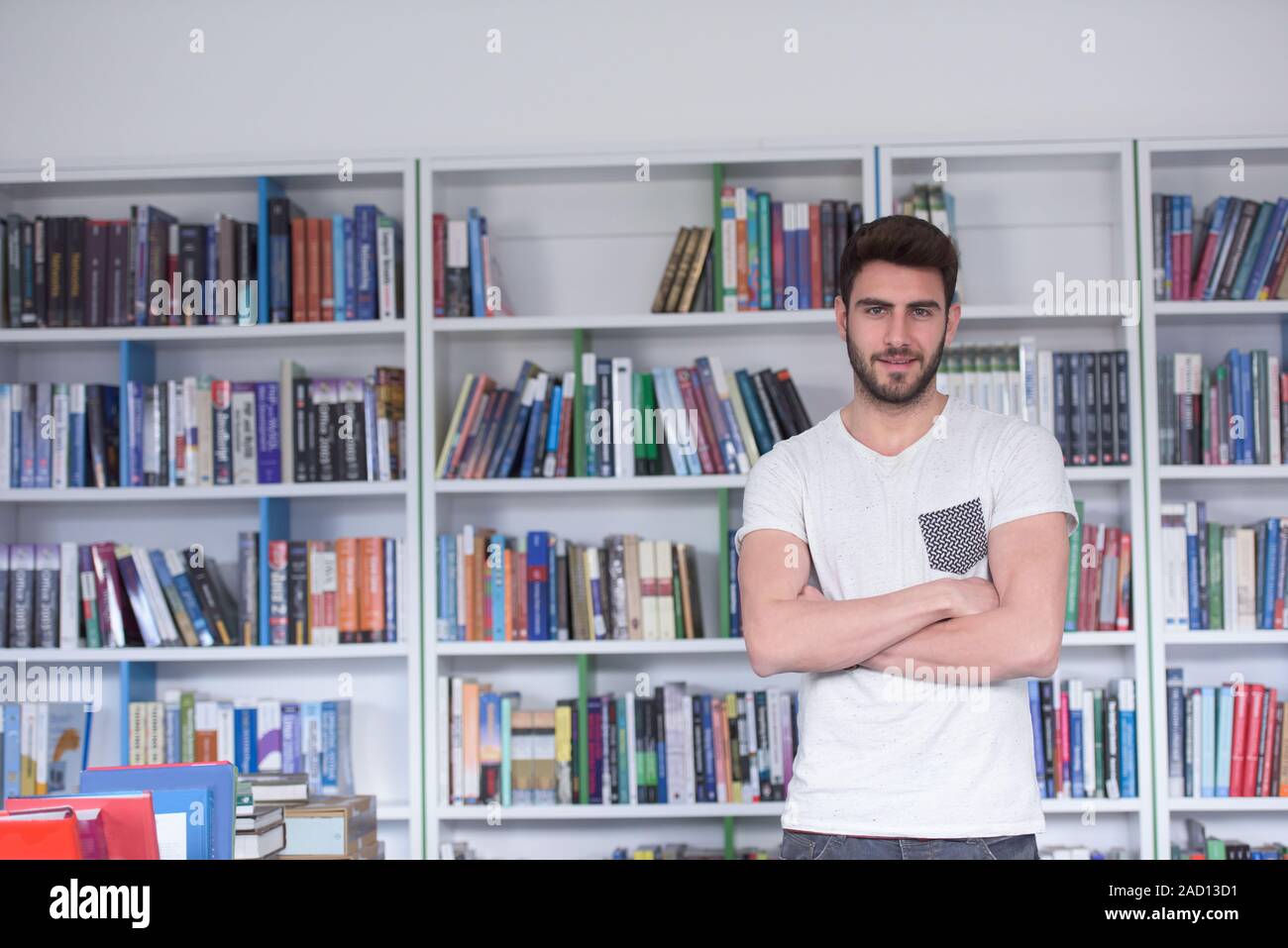 student study in school library Stock Photo - Alamy