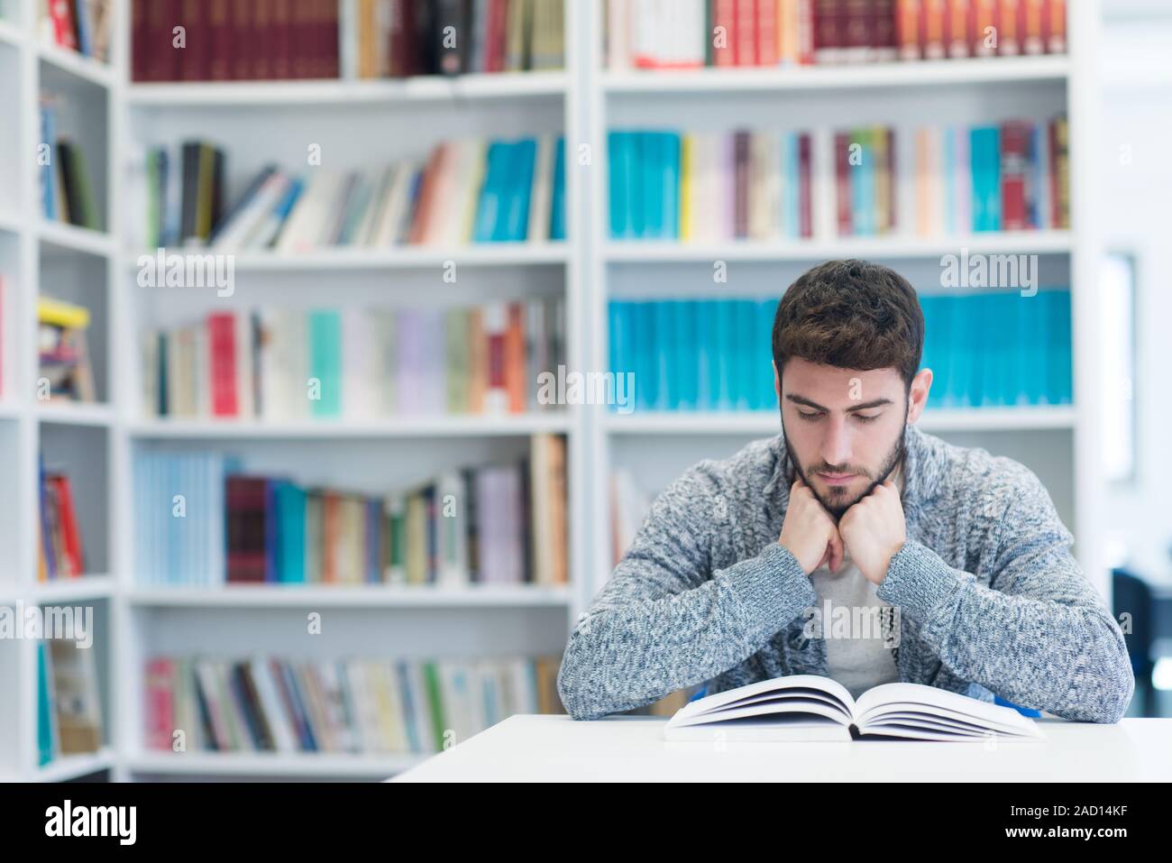 portrait of student while reading book in school library Stock Photo ...