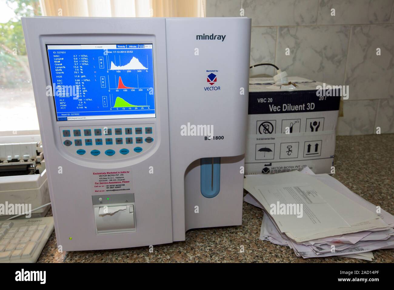 Blood analysis machine in the haematology department of a cancer ...