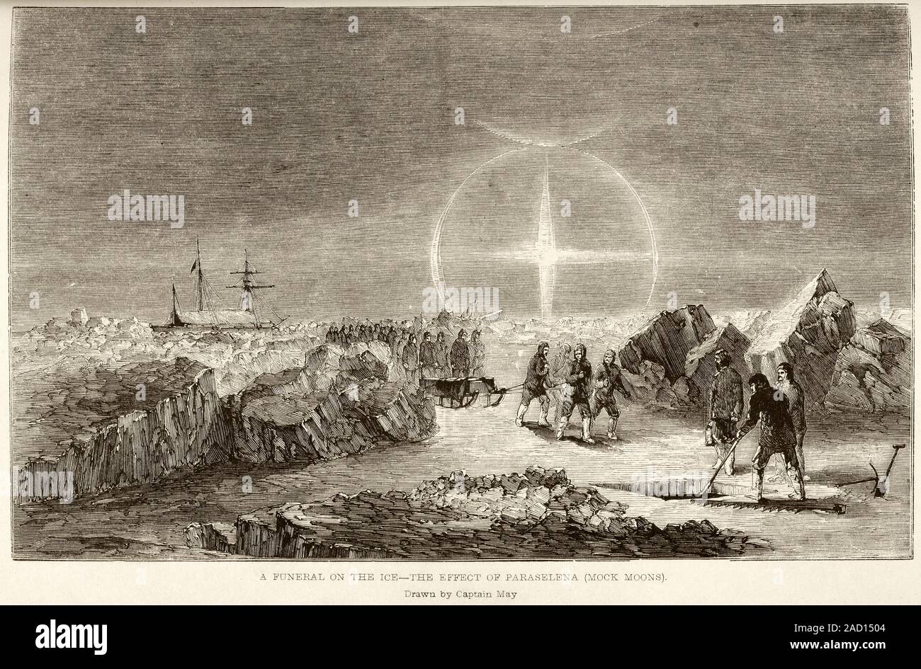 Arctic funeral and moon dogs. 19th-century artwork of a funeral held in ...