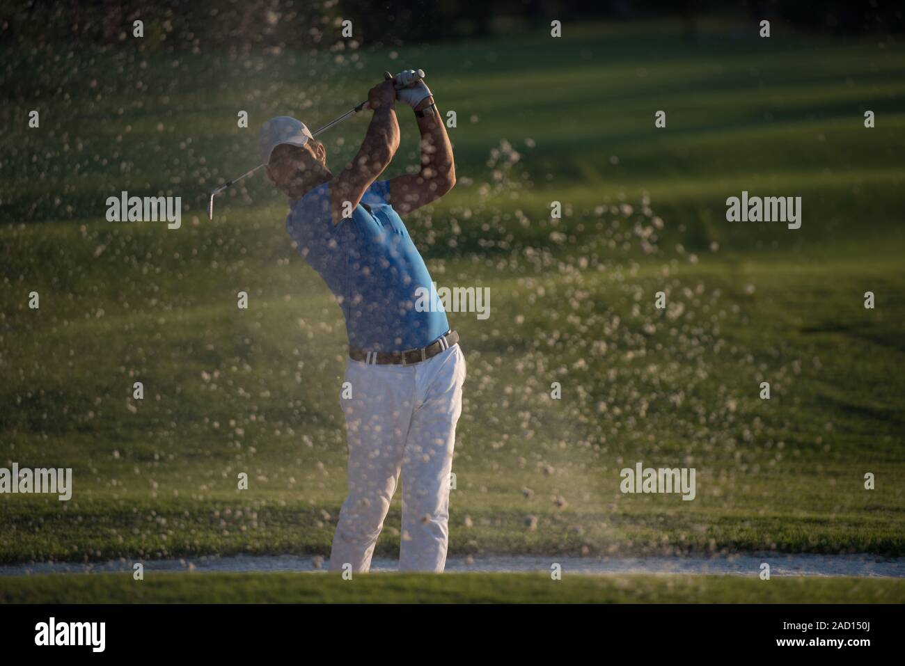 golfer hitting a sand bunker shot on sunset Stock Photo - Alamy
