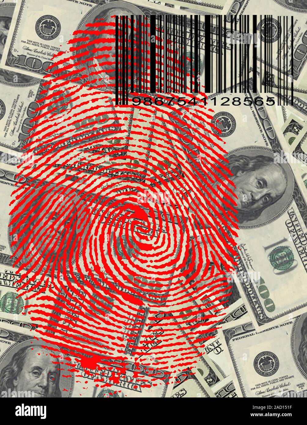 Business tags. Fingerprint and barcode on money background Stock Photo ...