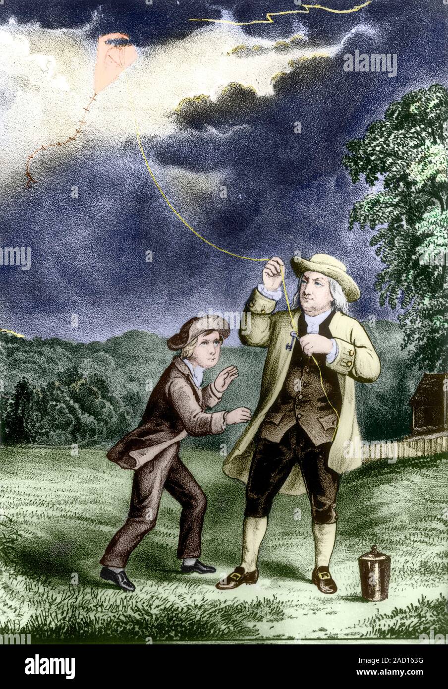 Franklin's lightning experiment. Illustration of the US scientist Benjamin Franklin (1706-1790 ...