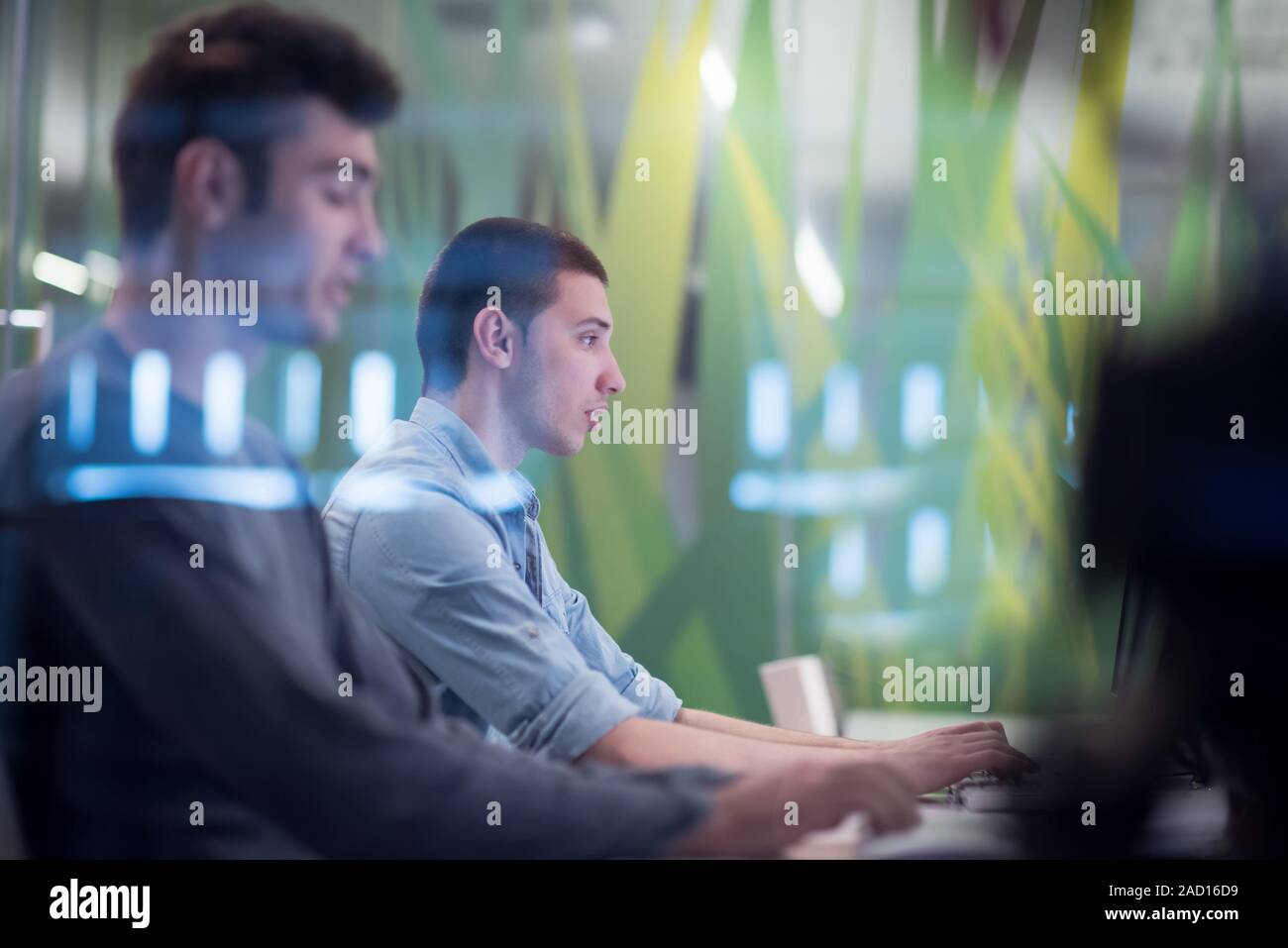 technology students group working in computer lab school classroom ...