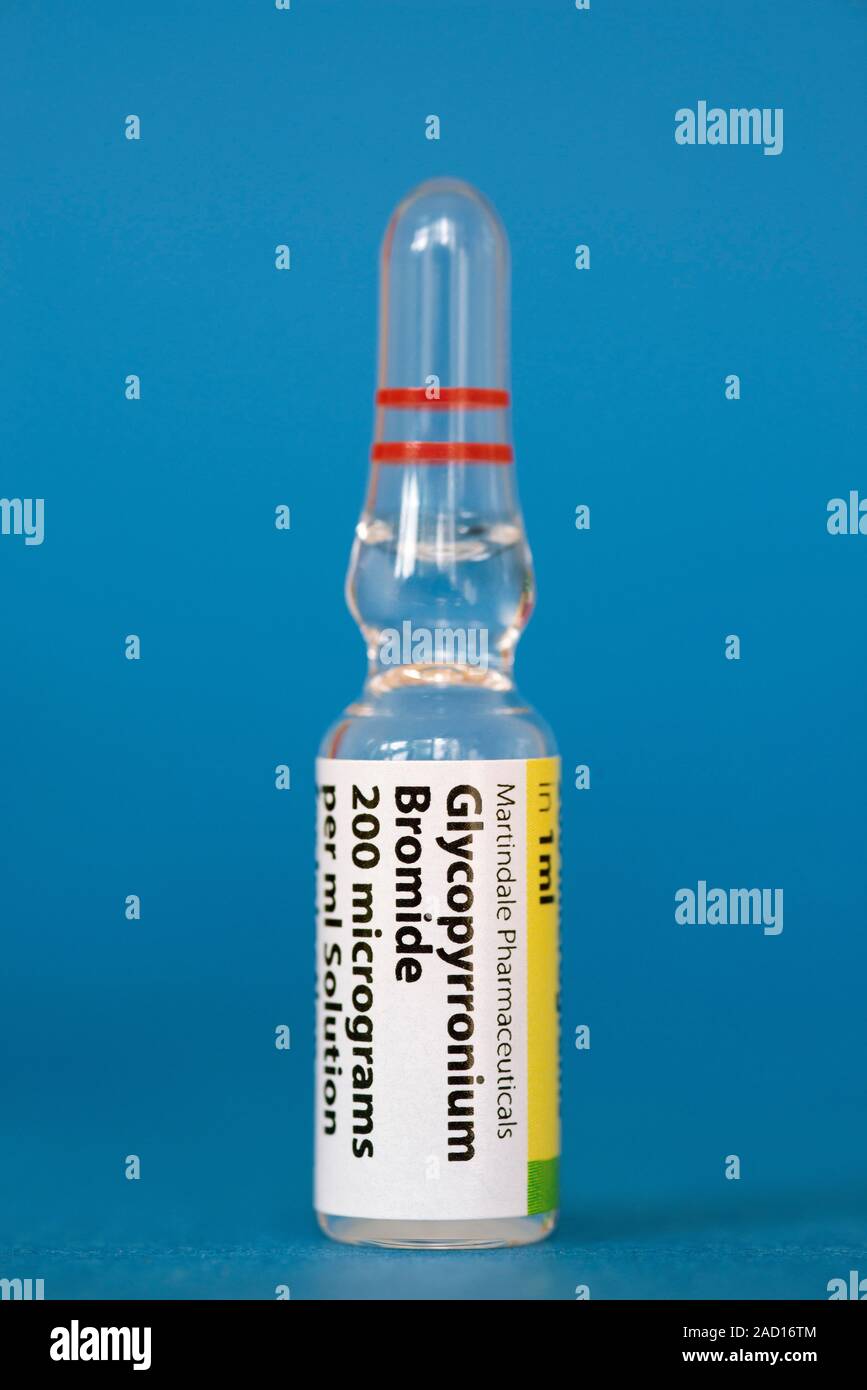 Vial of glycopyrronium bromide. This drug is a medication of the ...