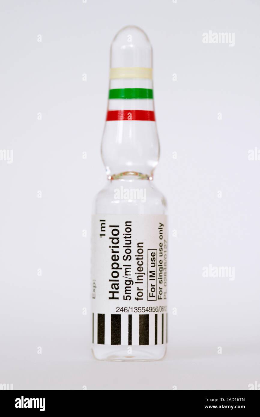 Vial of injectable haloperidol. Haloperidol, marketed under the trade ...