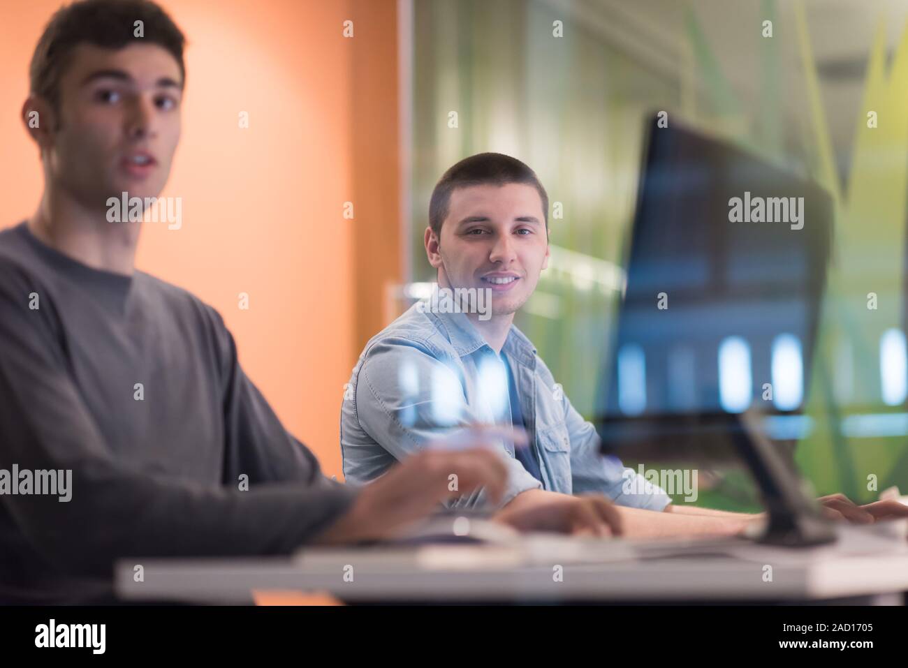 technology students group working in computer lab school classroom ...