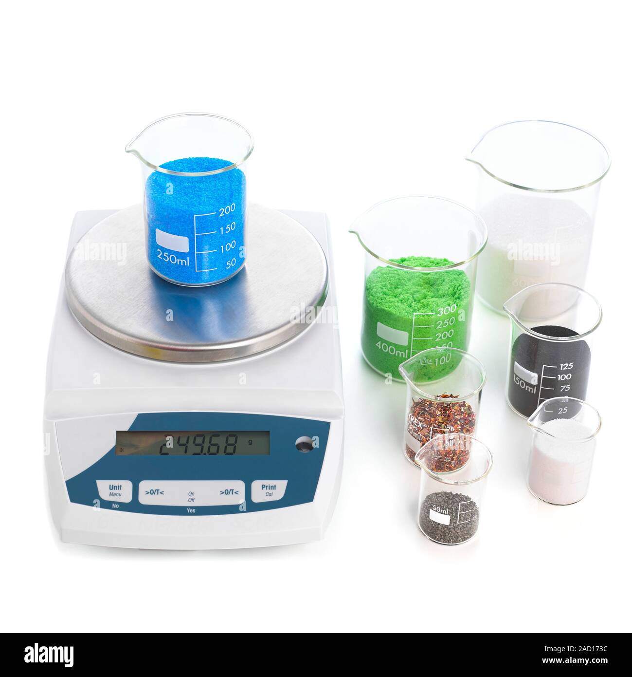 Moles. A collection of beakers, each containing one mole of a substance ...