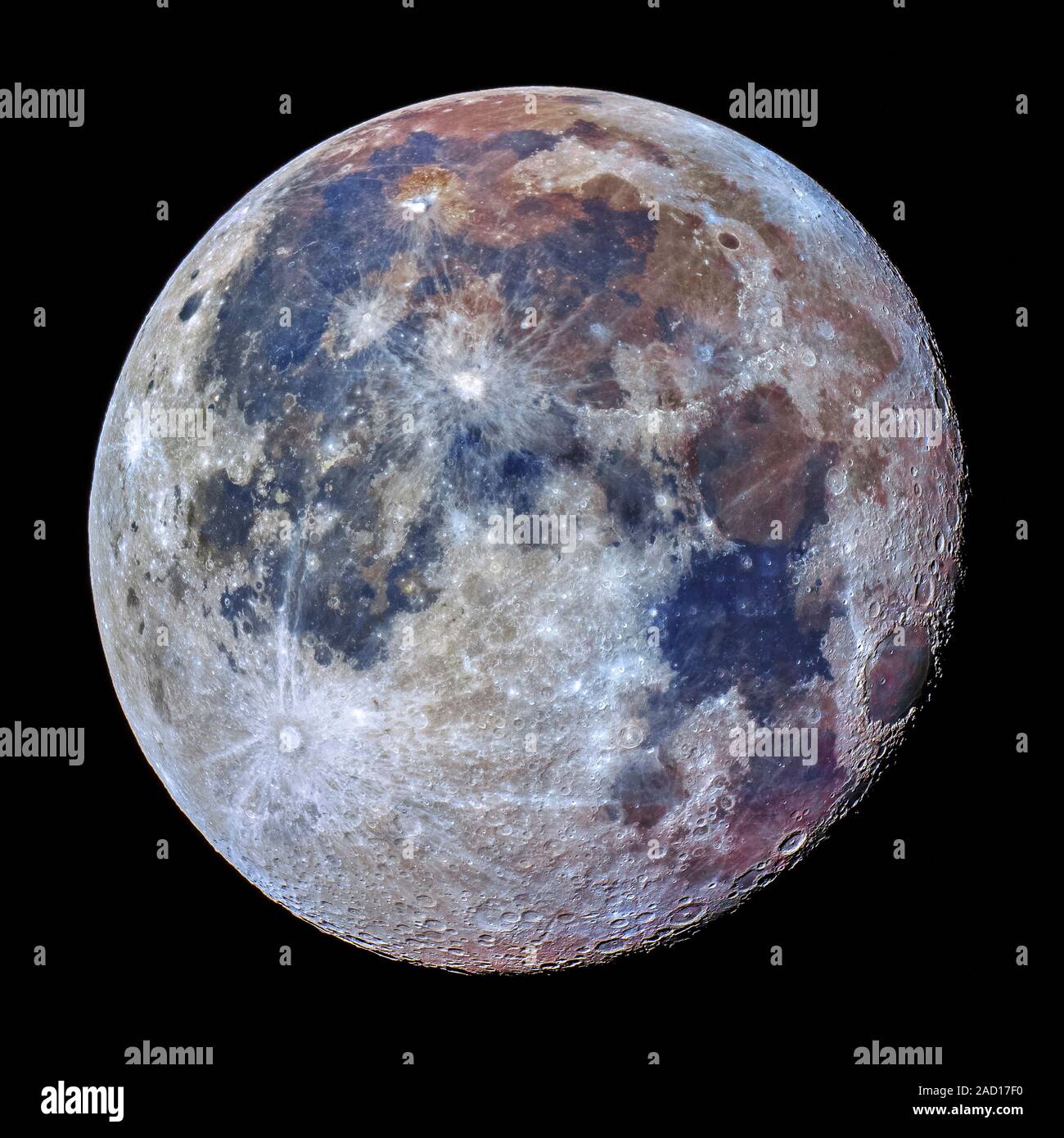 Surface of the Moon. Colour-enhanced optical image of the moon during ...