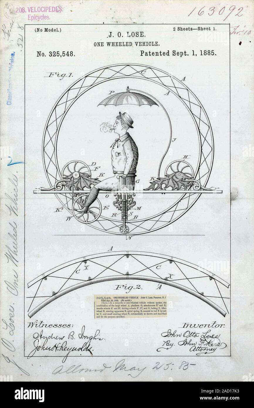 One-wheeled vehicle patent, 1885. Artwork of a one-wheeled vehicle ...