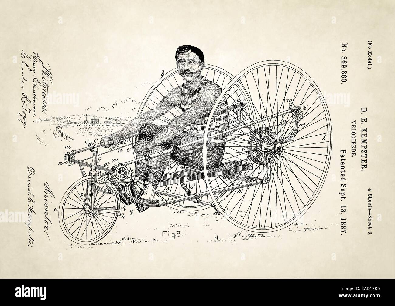 Velocipede patent, 1887. Artwork of a velocipede designed by Daniel ...