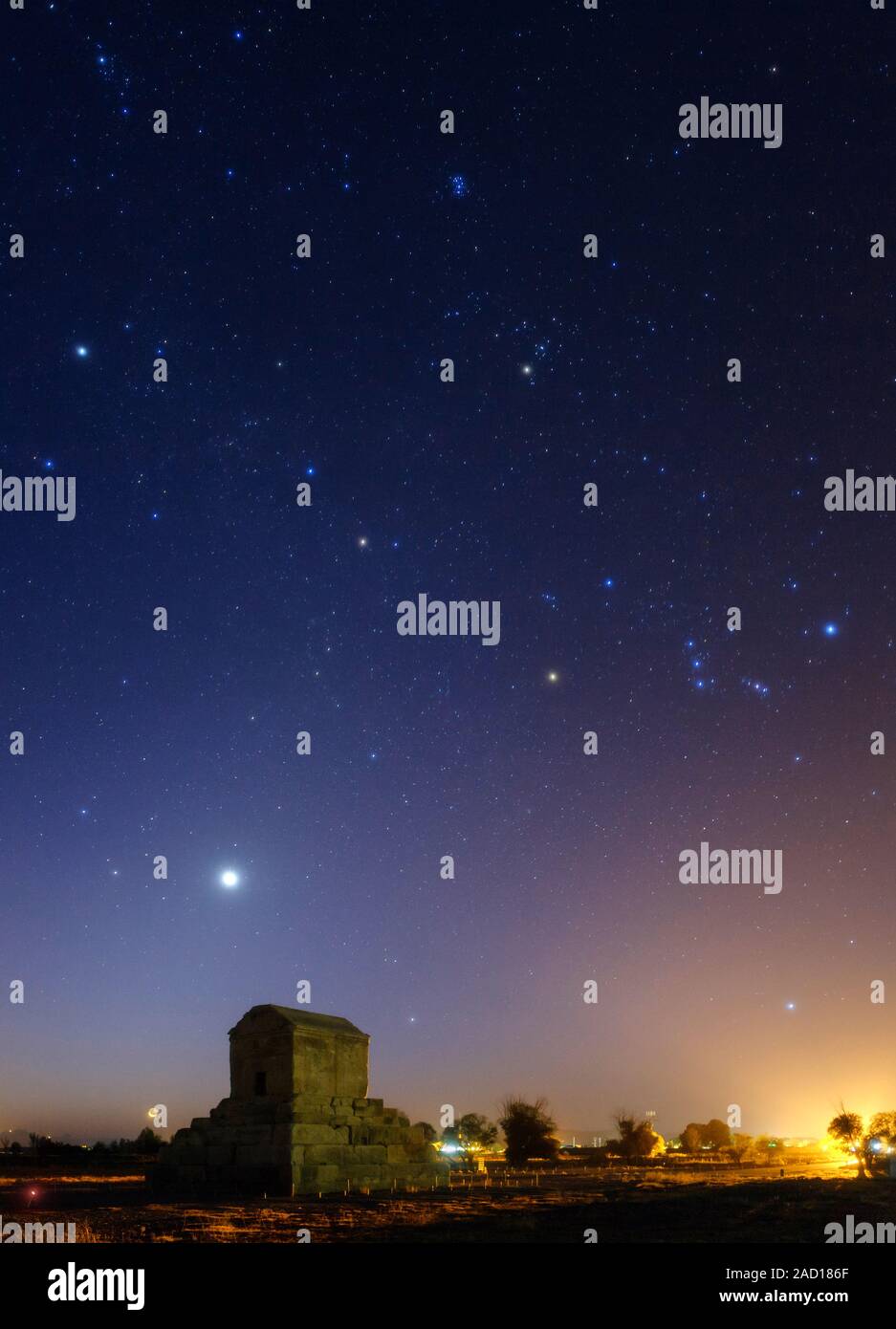 Night sky over tomb of Cyrus the Great. Venus and the constellations ...