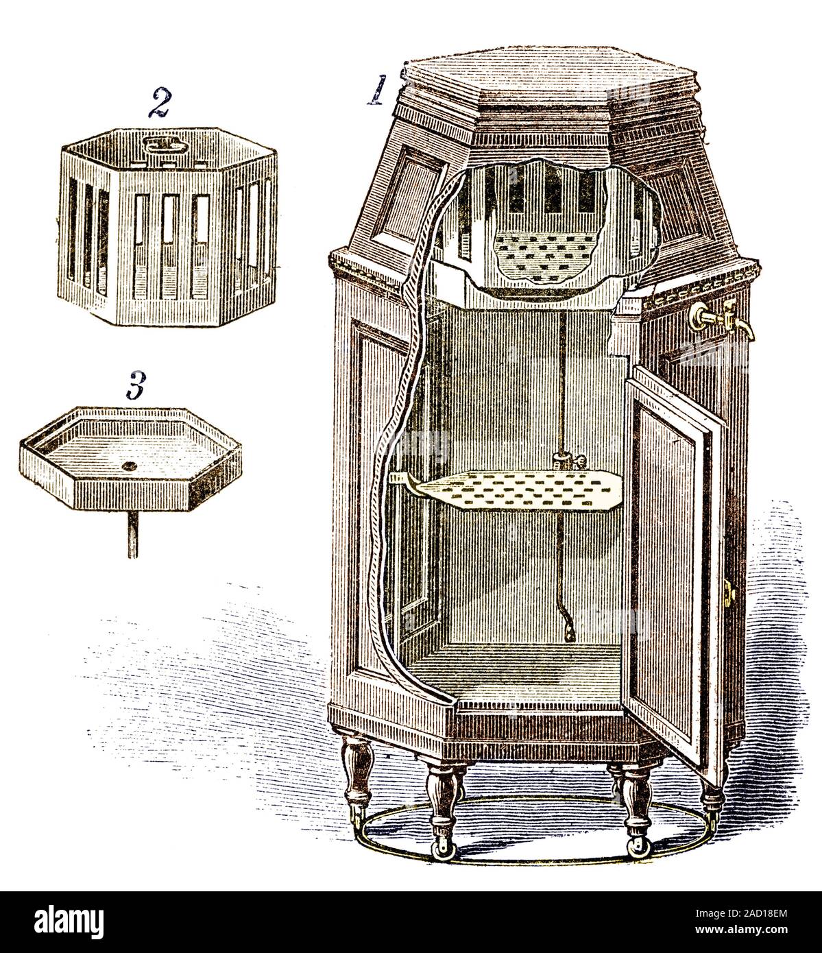 Early refrigerator, 19th-century artwork. This domestic mobile icebox ...