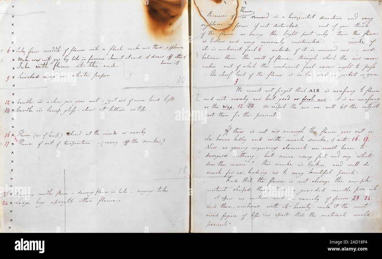 Faraday's 'Chemical History of a Candle'. Double-page spread of notes ...